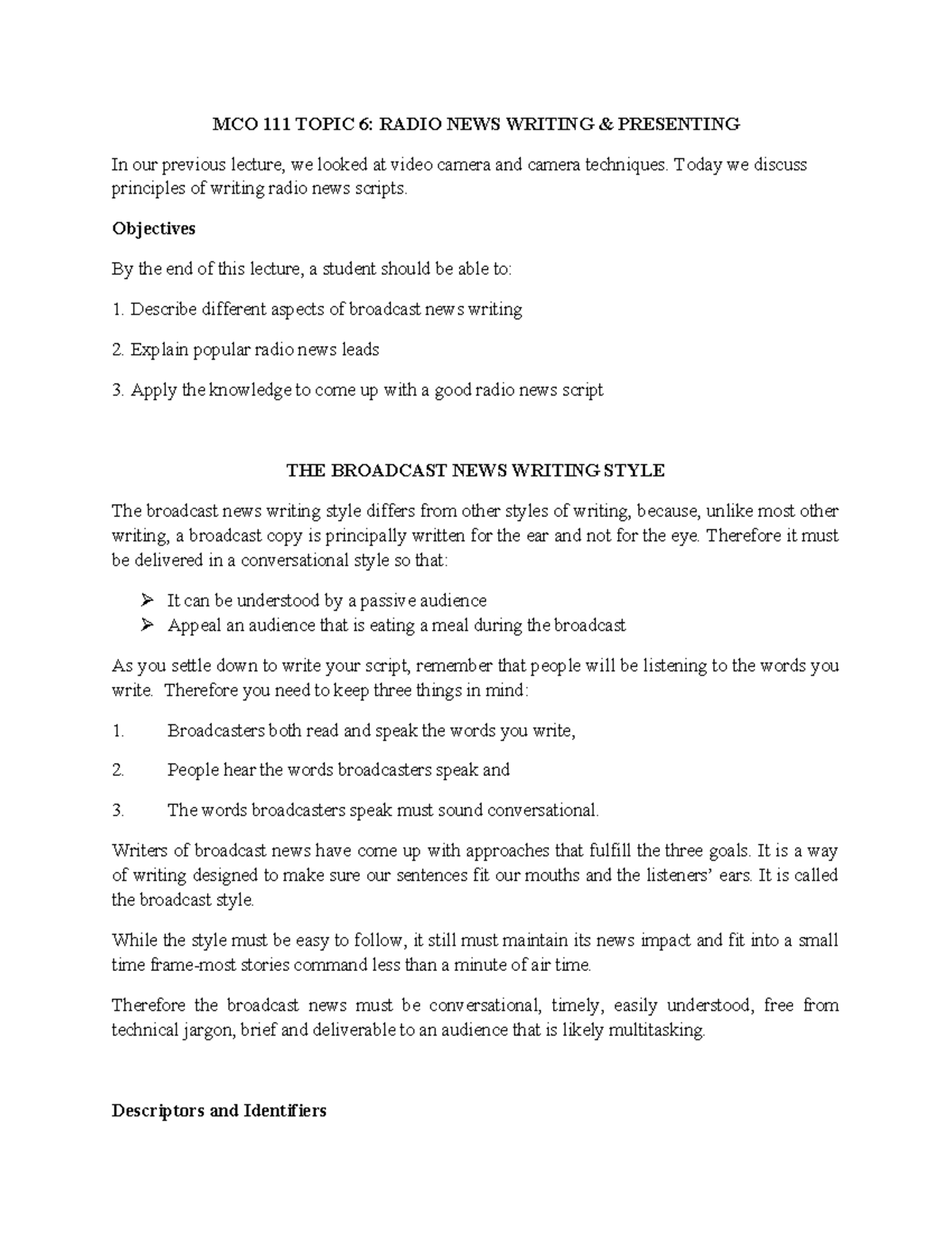 MCO 111 Topic 6 Radio news writing - MCO 111 TOPIC 6: RADIO NEWS ...