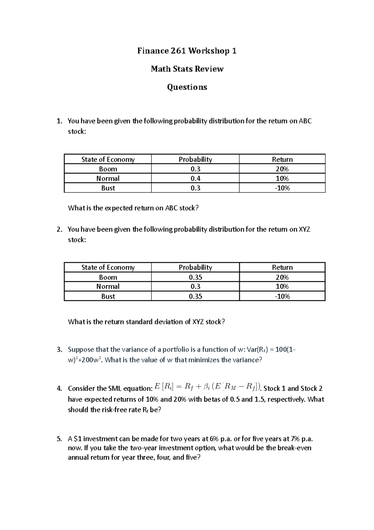 Workshop 1 Math Stats Review Questions - Finance 261 Workshop 1 Math ...