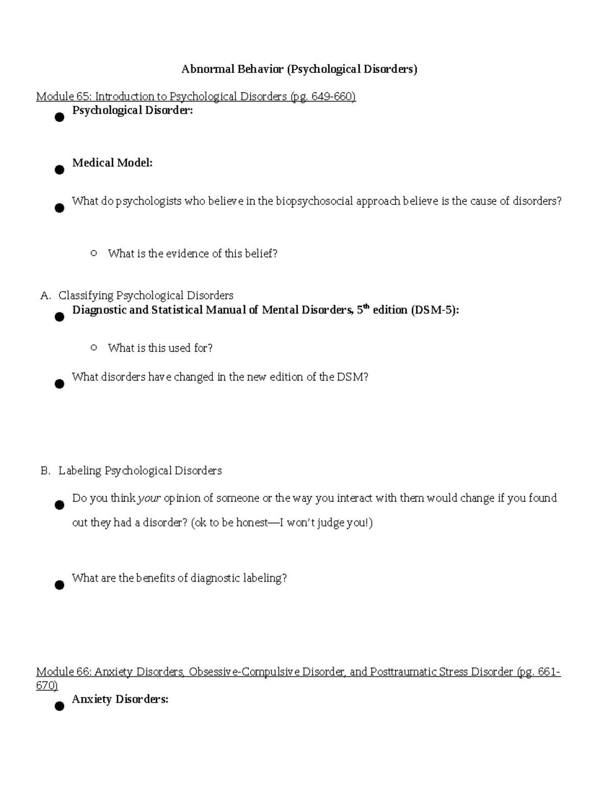 Disorders reading guide 23 - Abnormal Behavior (Psychological Disorders ...