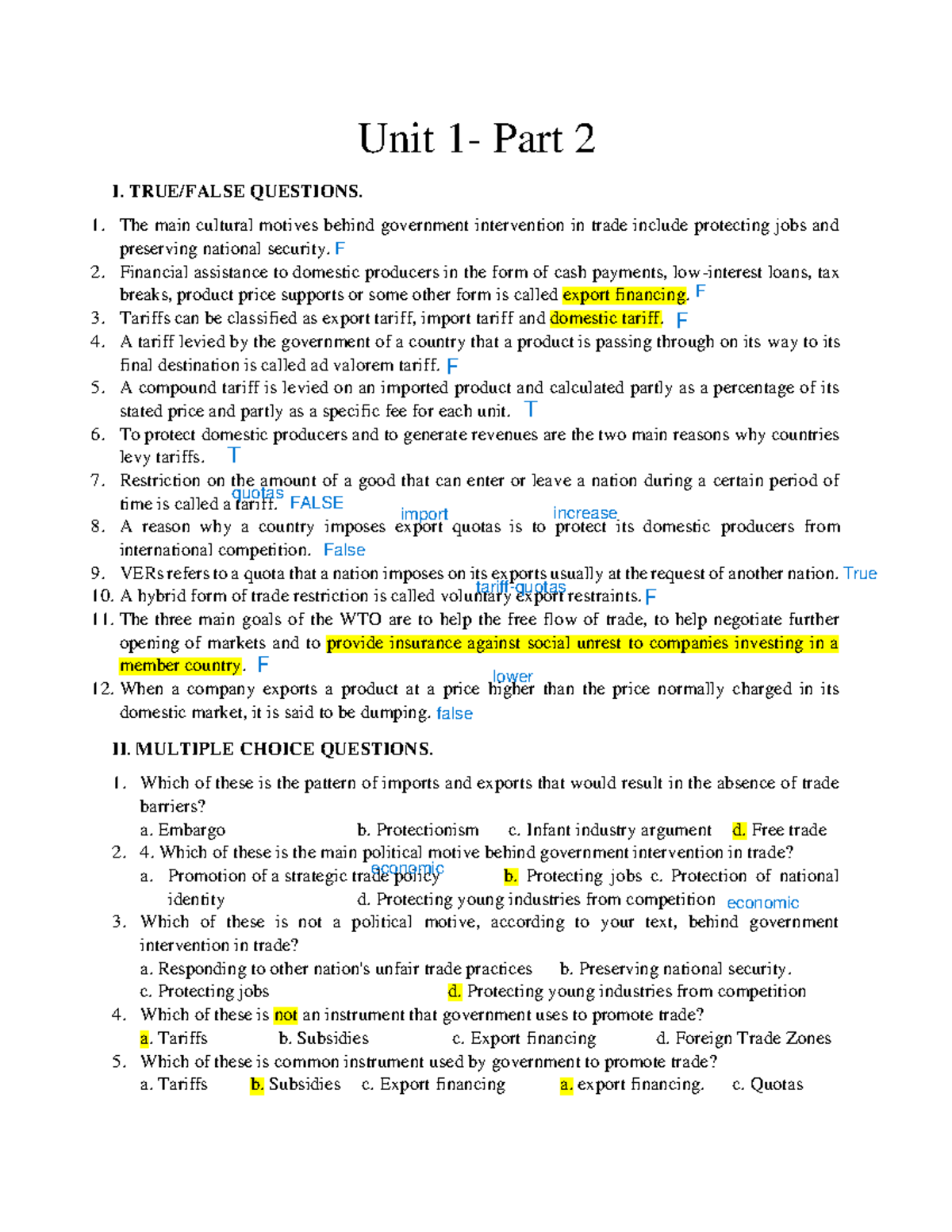 Unit 1- Part 2- Exercises - to sts - Unit 1- Part 2 I. TRUE/FALSE ...