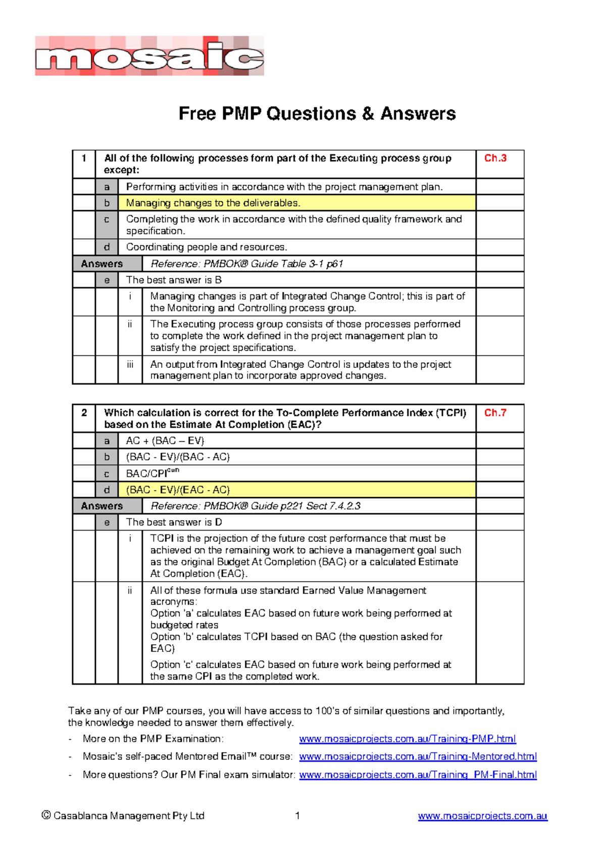 PMP sample exam - Free PMP Questions & Answers 1 All of the following ...