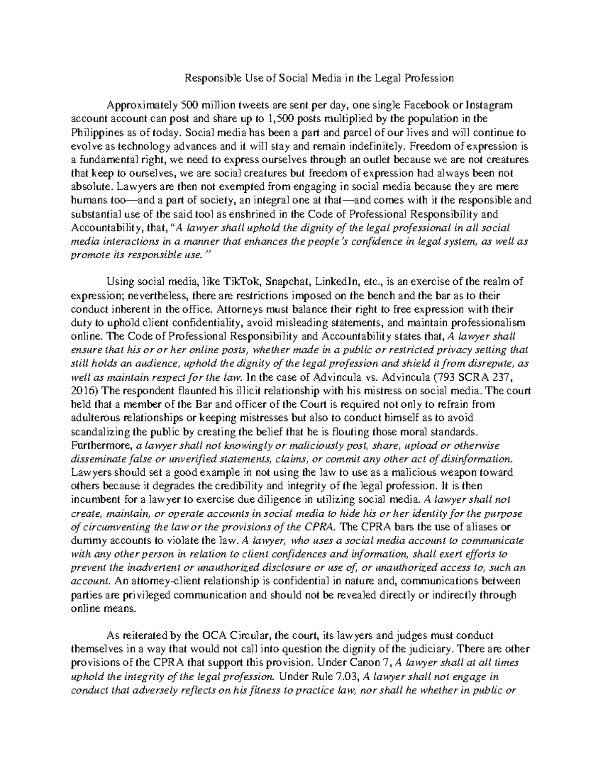 Essay - Responsible Use of Social Media in the Legal Profession ...
