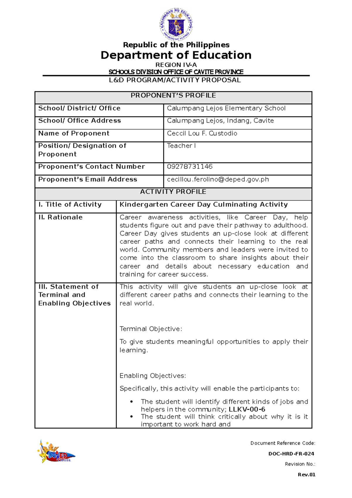 Career DAY- Activity- Proposal-1 - Department of Education REGION IV-A ...