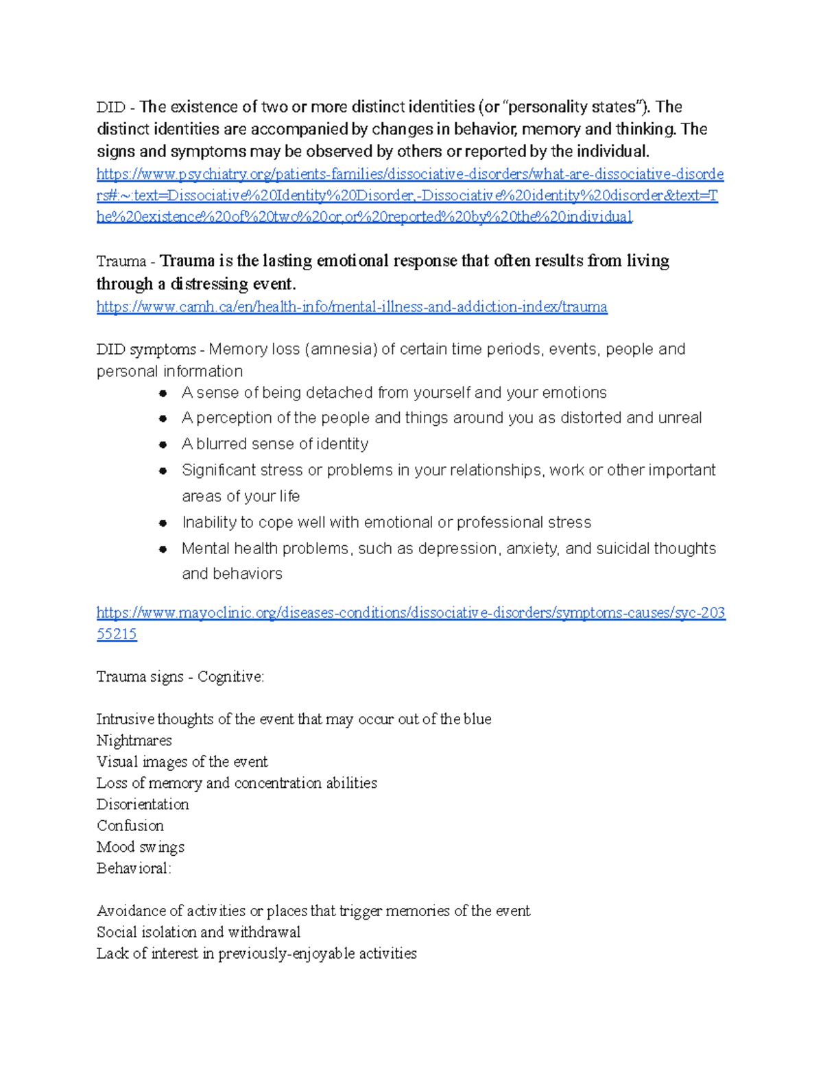 DID and its Relationship with Trauma Notes - DID - The existence of two ...