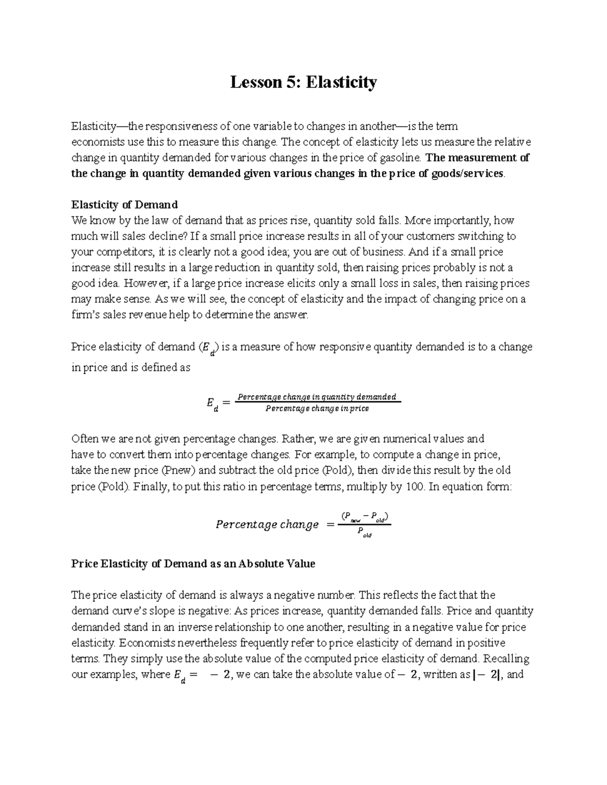 Lesson 5 Elasticity - Lecture notes 5 - Lesson 5: Elasticity Elasticity ...