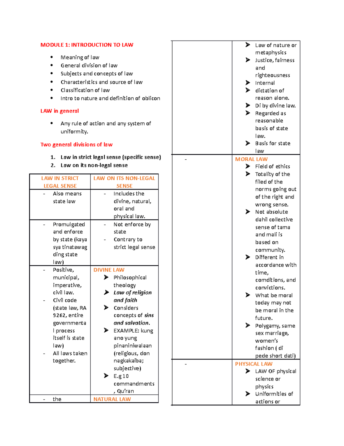 OBLIGATION AND CONTRACTS - MODULE 1: INTRODUCTION TO LAW Meaning of law ...