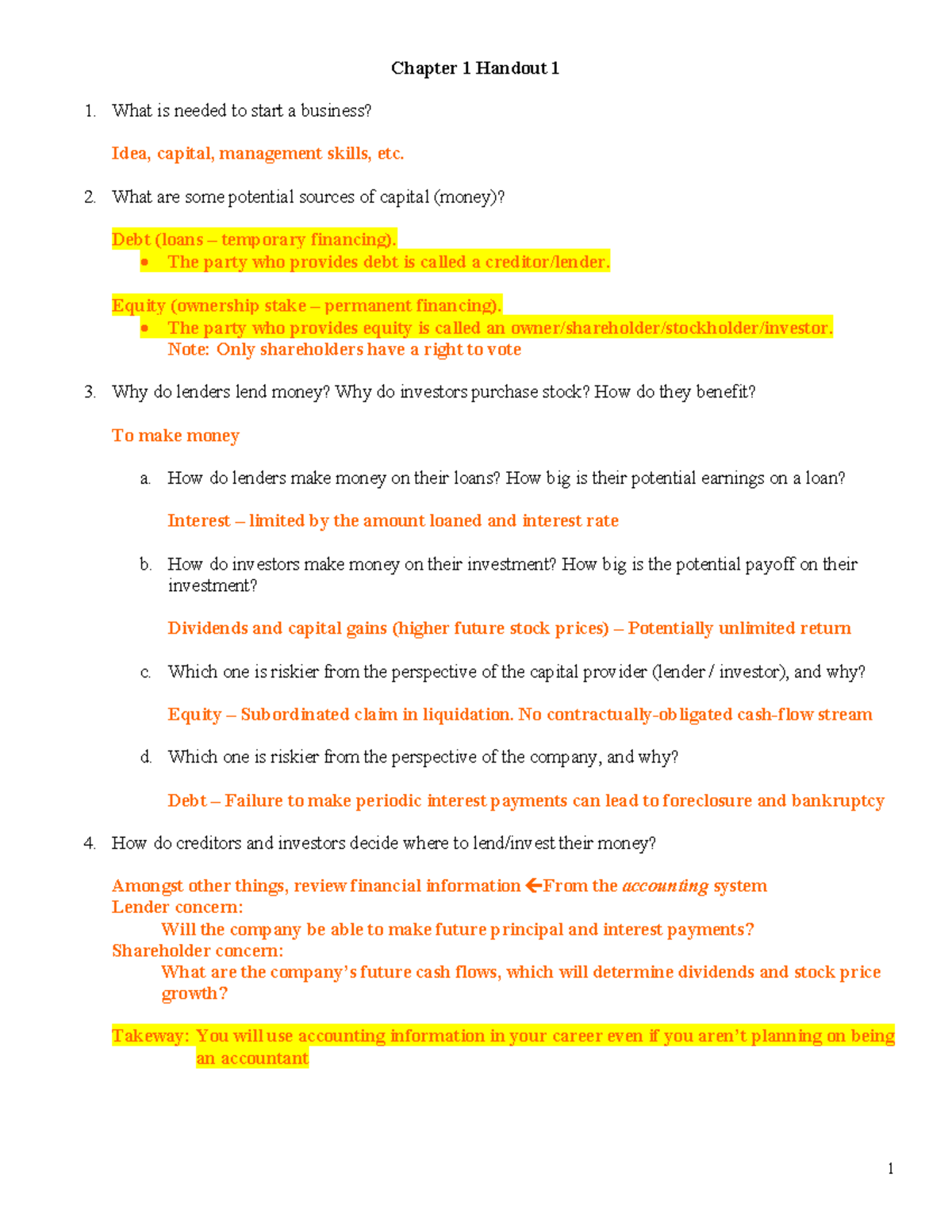 Chapter 1 Handout 1 - Solution - 1 Chapter 1 Handout 1 What is needed to start a business? Idea ...