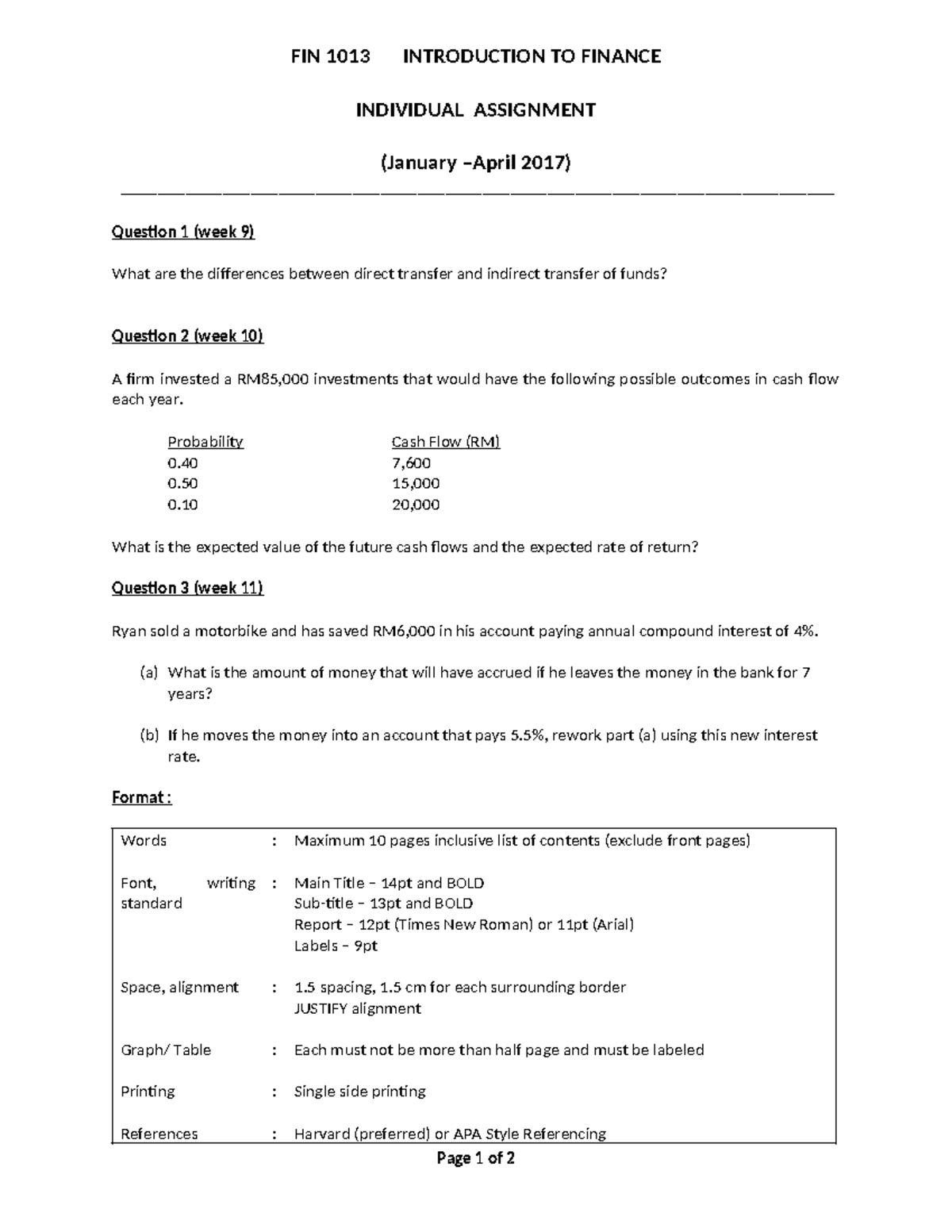 Individual Assignment FIN 1013 - FIN 1013 INTRODUCTION TO FINANCE INDIVIDUAL ASSIGNMENT (January ...