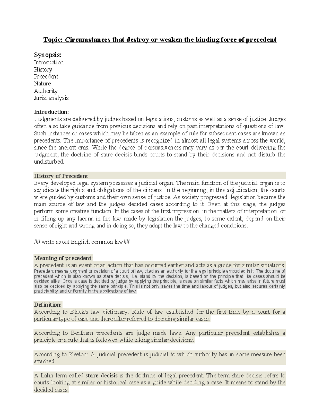 Precedent assignment - Topic: Circumstances that destroy or weaken the ...