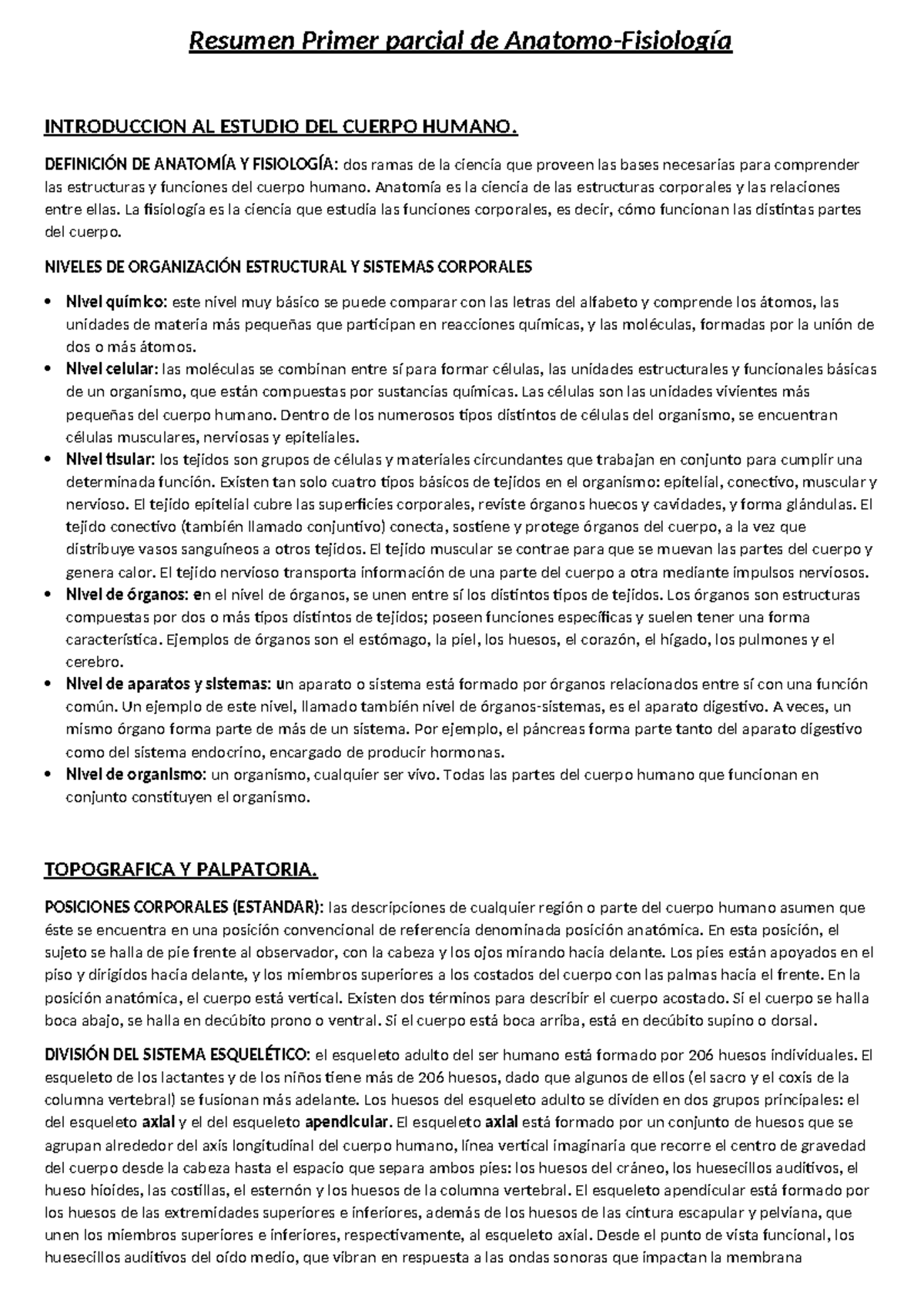 Resumen Anatomo-Fisiologia - Resumen Primer parcial de Anatomo ...