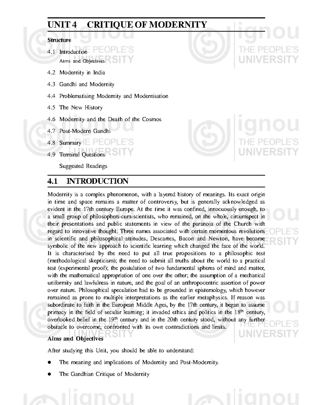 Unit-4 - Reading material - UNIT 4 CRITIQUE OF MODERNITY Structure 4 ...