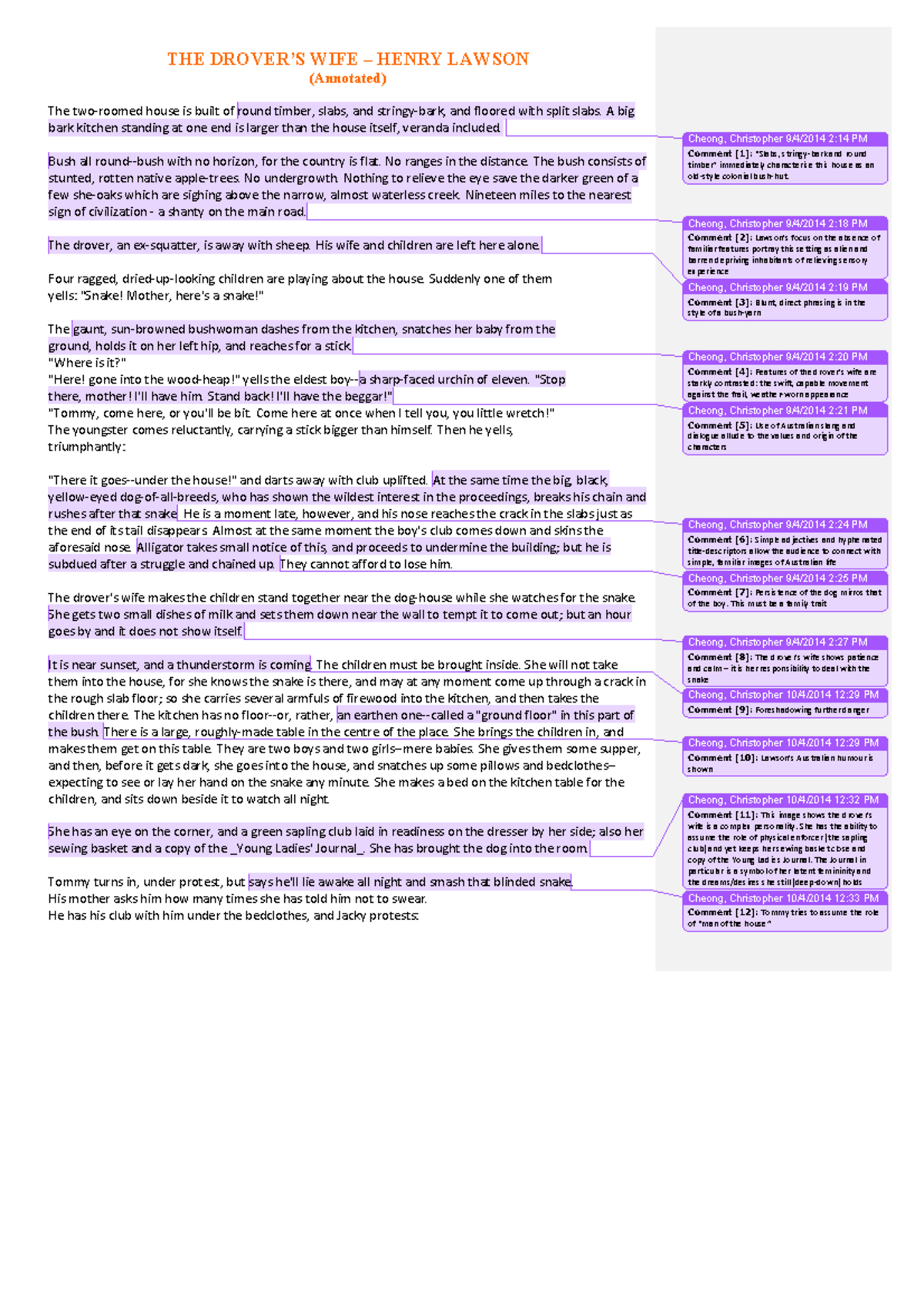 The drovers wife annotated notes - THE DROVER’S WIFE – HENRY LAWSON ...