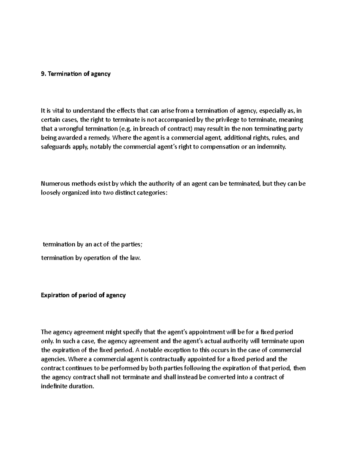 9. Termination of agency - 9. Termination of agency It is vital to ...