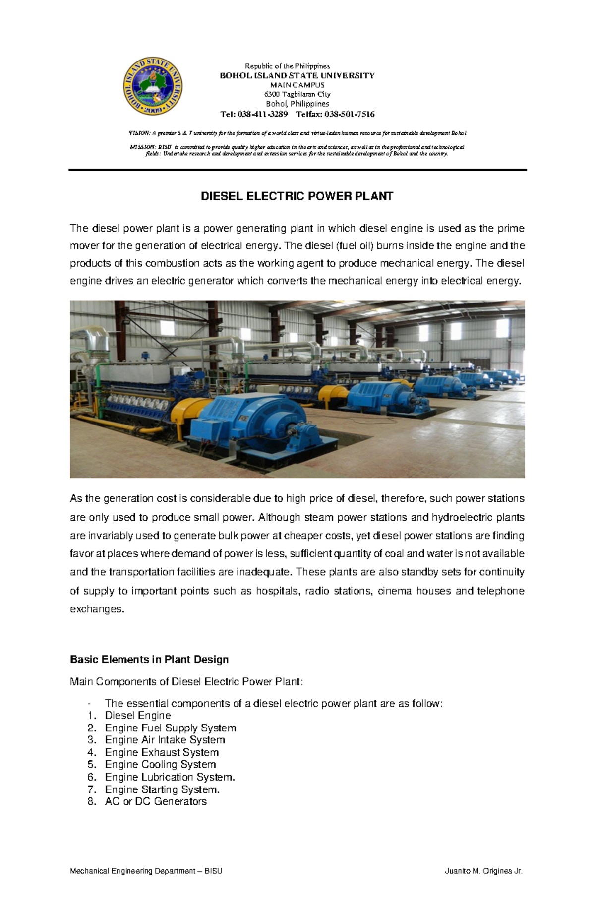 Diesel Electric Power Plant - Republic of the Philippines BOHOL ISLAND ...