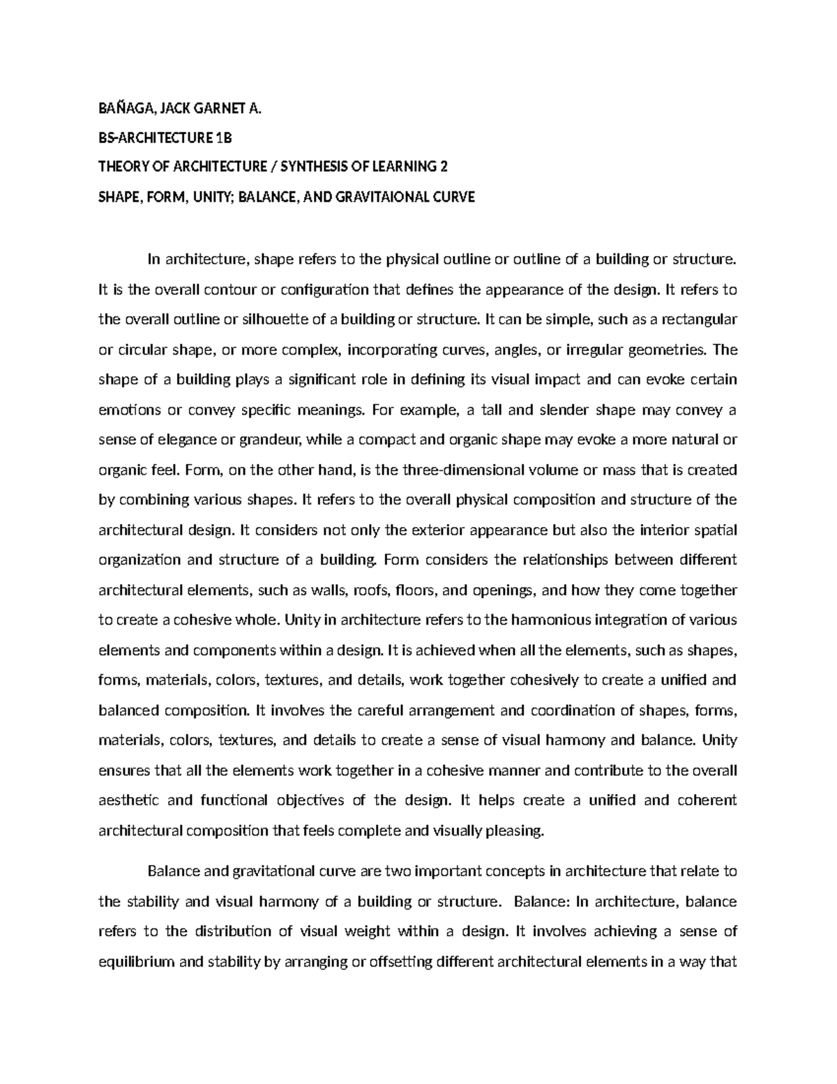 TOA Synthesis OF Learning 2 - BAÑAGA, JACK GARNET A. BS-ARCHITECTURE 1B ...