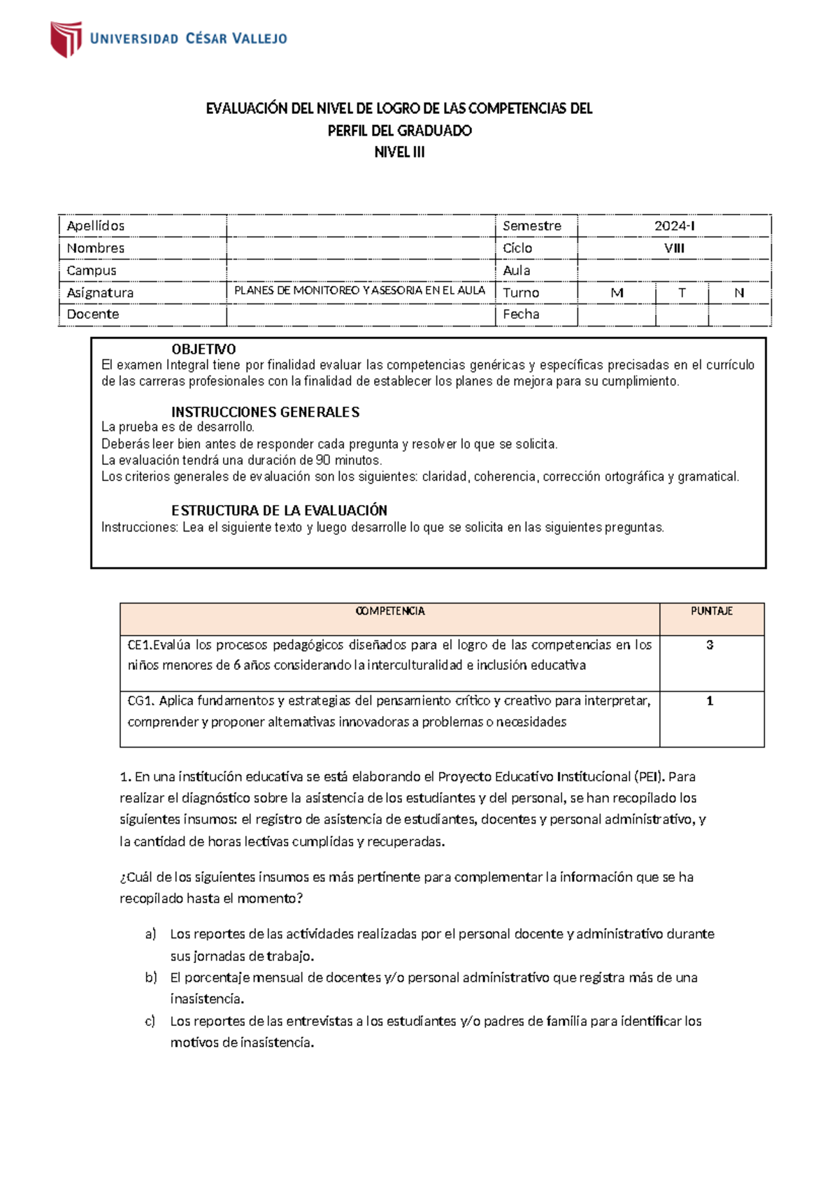Examen PNL III Nivel-2024-I - EVALUACIÓN DEL NIVEL DE LOGRO DE LAS COMPETENCIAS DEL PERFIL DEL ...