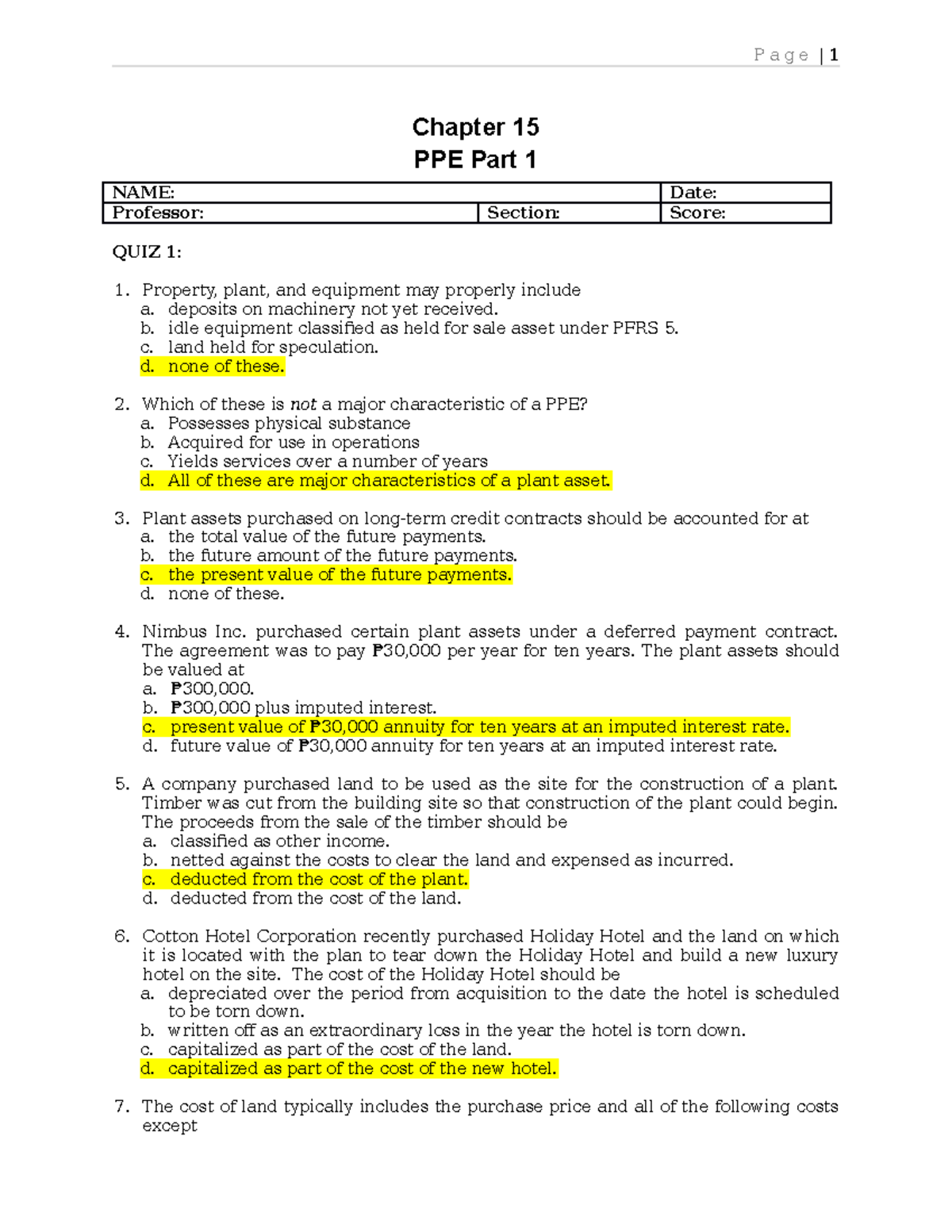 QUIZ Chapter 15 PPE PART 1 - Chapter 15 PPE Part 1 NAME: Date: Professor: Section: Score: QUIZ 1 ...
