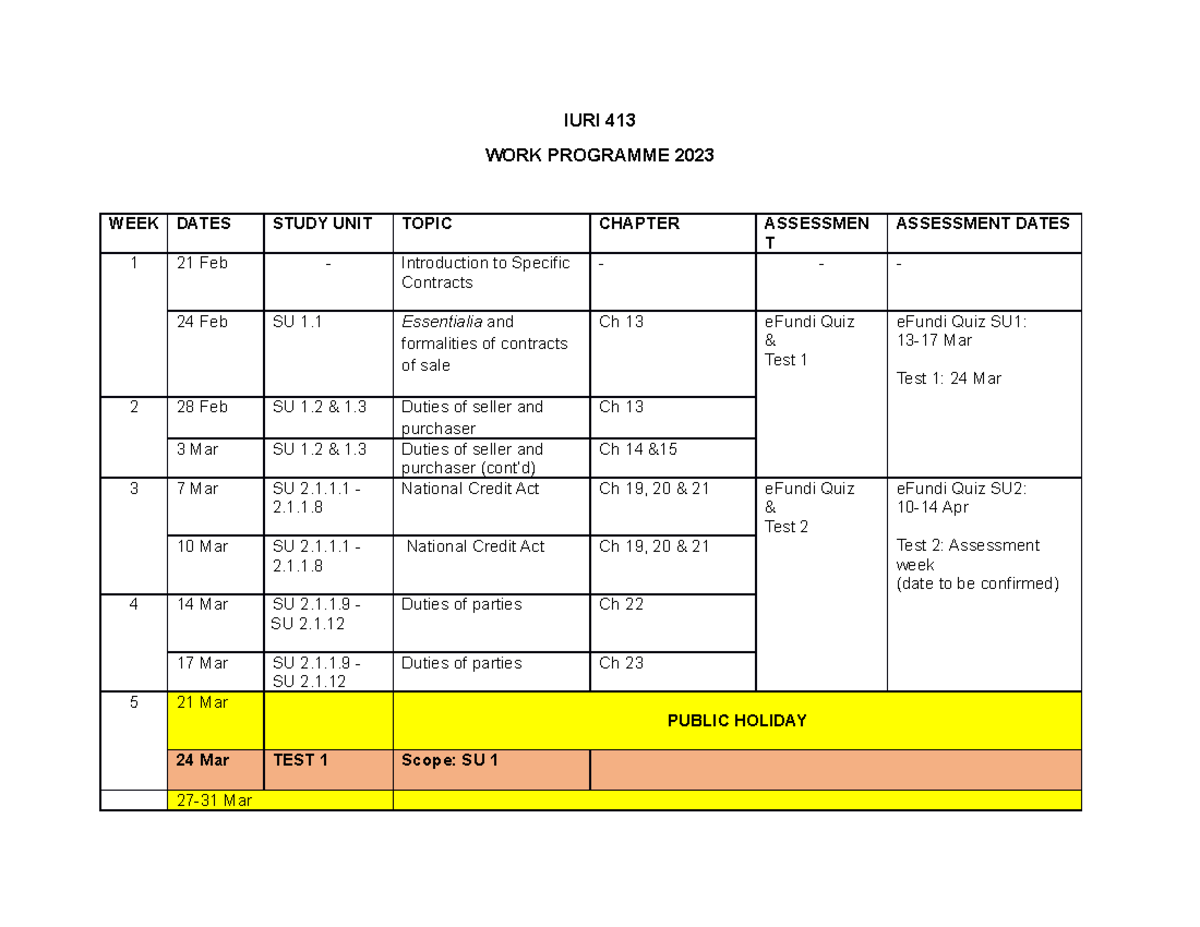 IURI 413 Work Programme 18 - IURI 413 WORK PROGRAMME 2023 WEEK DATES ...