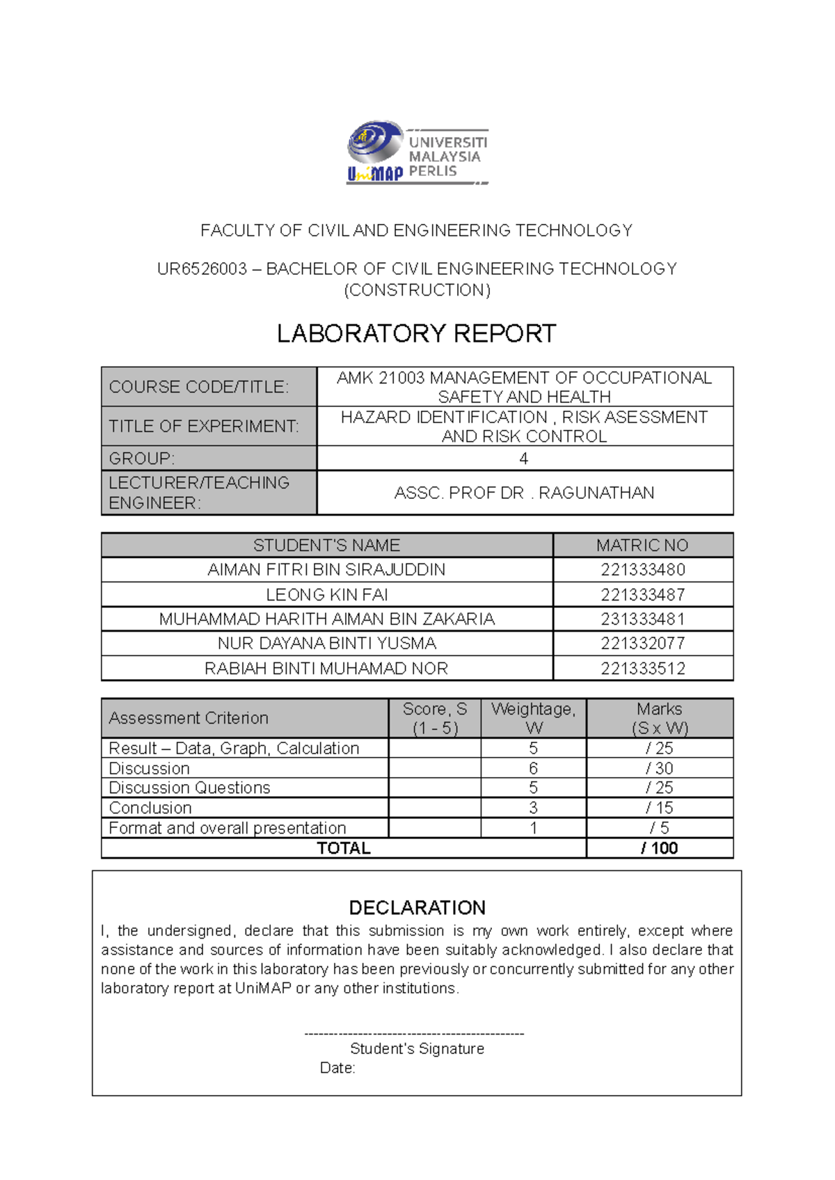 LAB 1 Report dr ragu OSHA - FACULTY OF CIVIL AND ENGINEERING TECHNOLOGY UR6526003 – BACHELOR OF ...