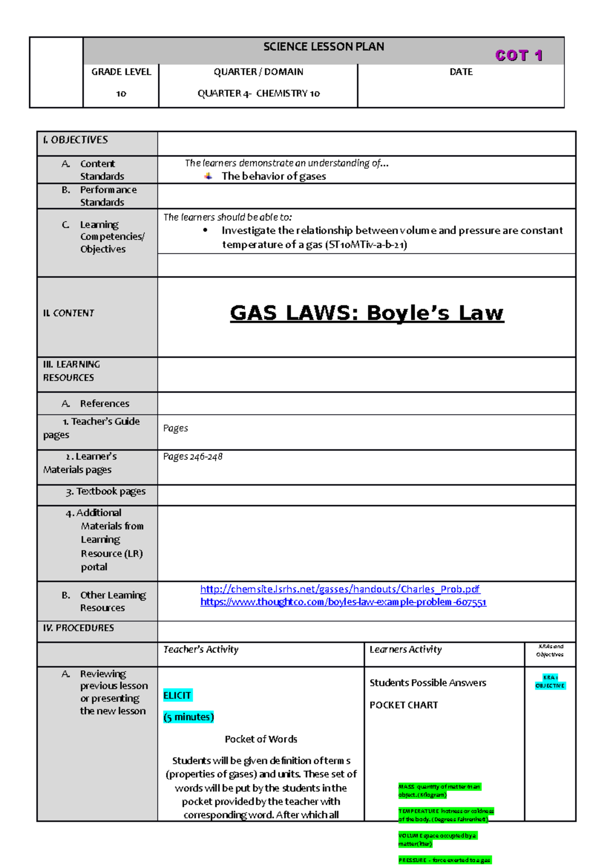COT 4th Quarter boyleslaw - SCIENCE LESSON PLAN GRADE LEVEL 10 QUARTER / DOMAIN QUARTER 4 ...