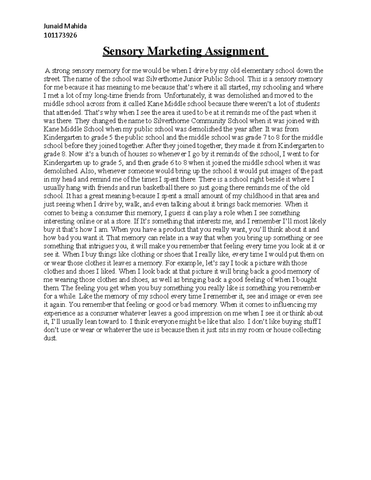 MARK 2054 Sensory Marketing Assignment - Junaid Mahida 101173926 ...