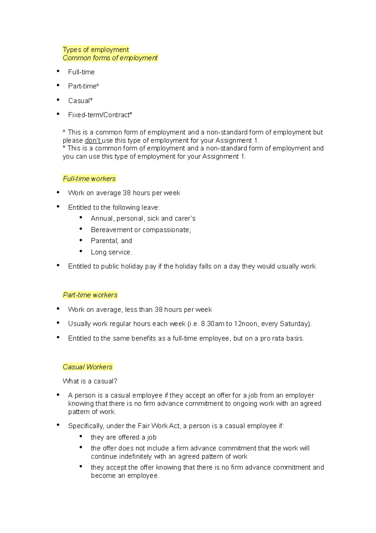 MGB132 Notes - Types of employment Common forms of employment Full-time ...