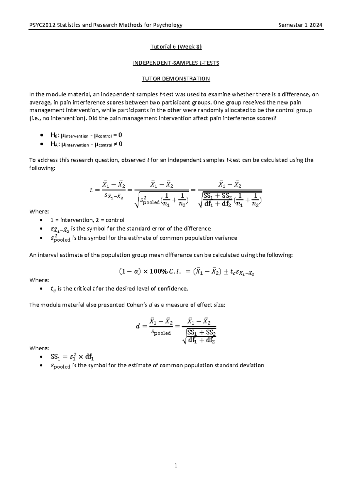 Tute 6 Notes for Statistics - Tutorial 6 (Week 8 ) INDEPENDENT-SAMPLES ...