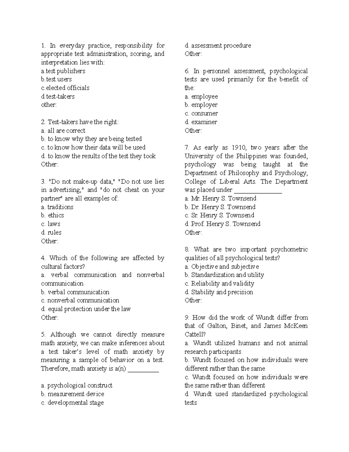 Drill 2 POST TEST - A test for psychological testing and assessment ...