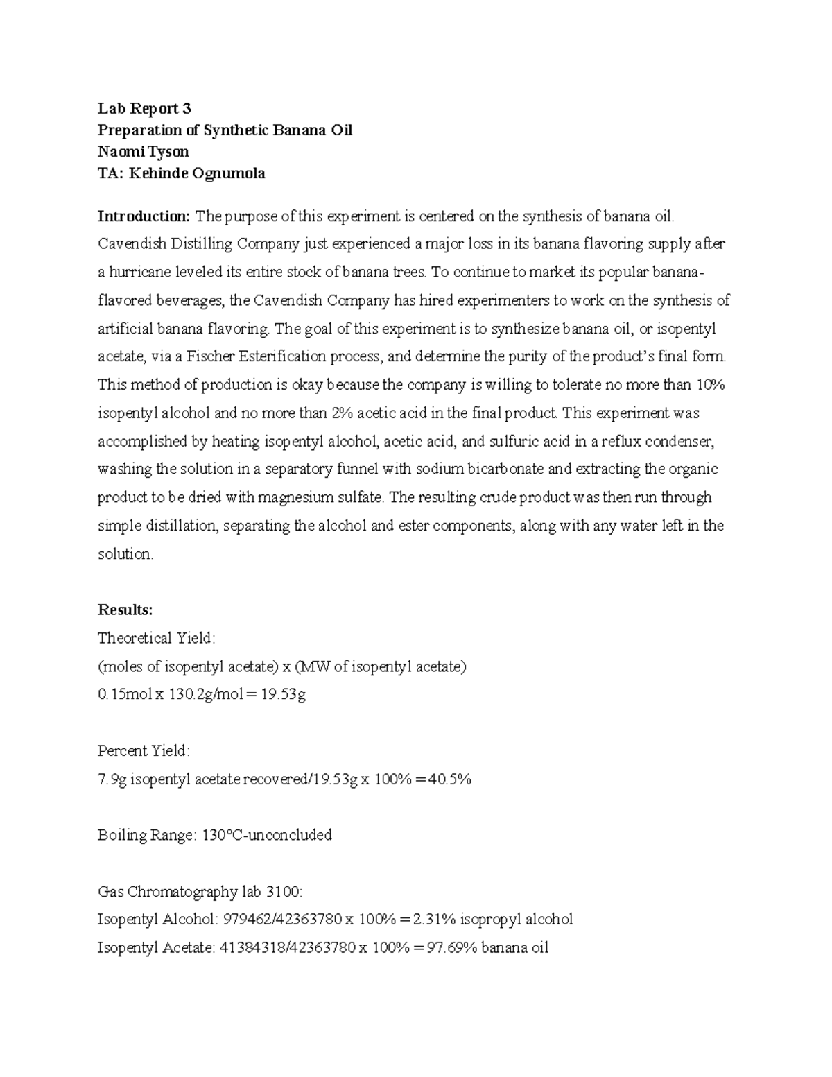 CH 237 Experiment 3 Preparation of Synthetic Banana Oil - Lab Report 3 ...