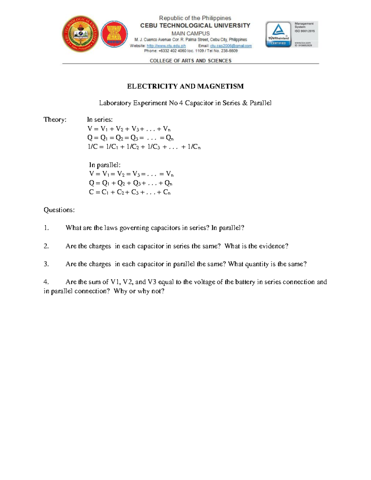 Electricity AND Magnetism Expt 5 - ELECTRICITY AND MAGNETISM Laboratory ...