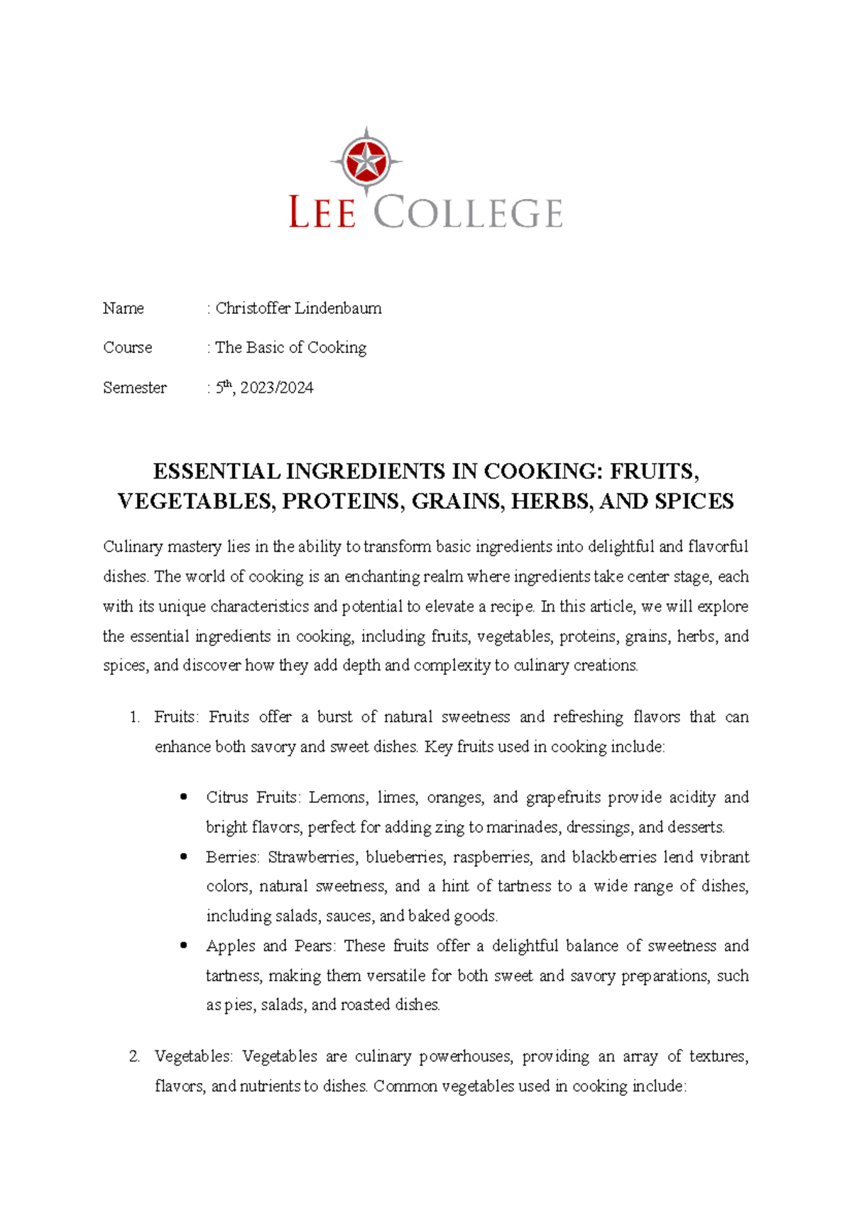 Essential ingredients in cooking - Name : Christoffer Lindenbaum Course ...