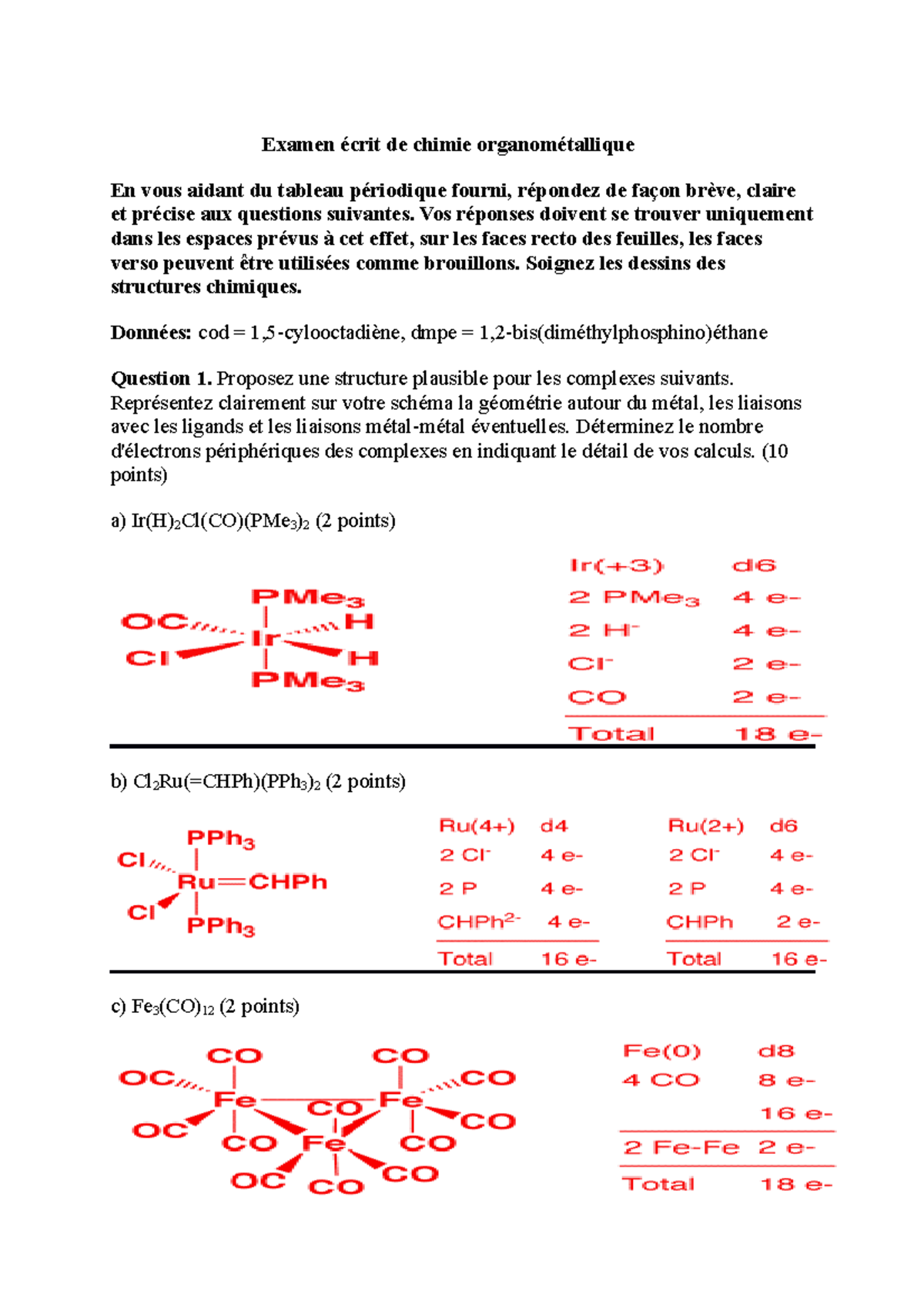 Examen écrit organométallique 1 - Examen écrit de chimie ...