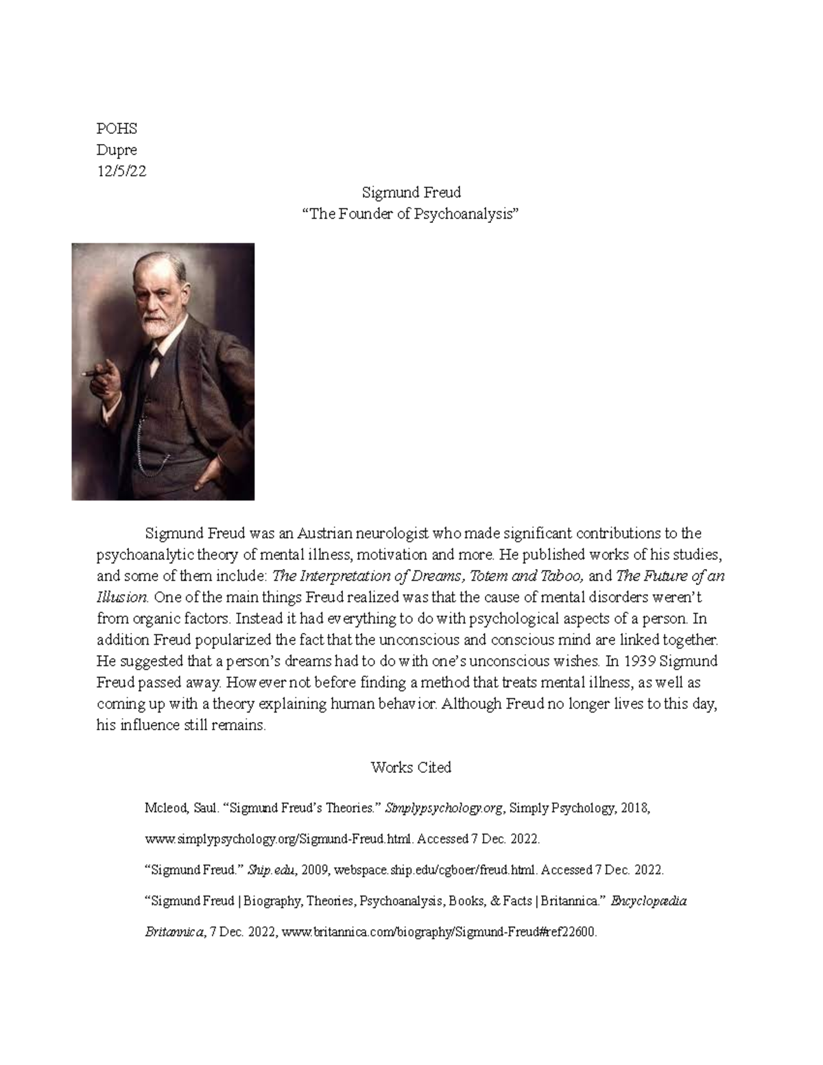 Untitled document - A summary about Sigmund Freud - POHS Dupre 12/5 ...