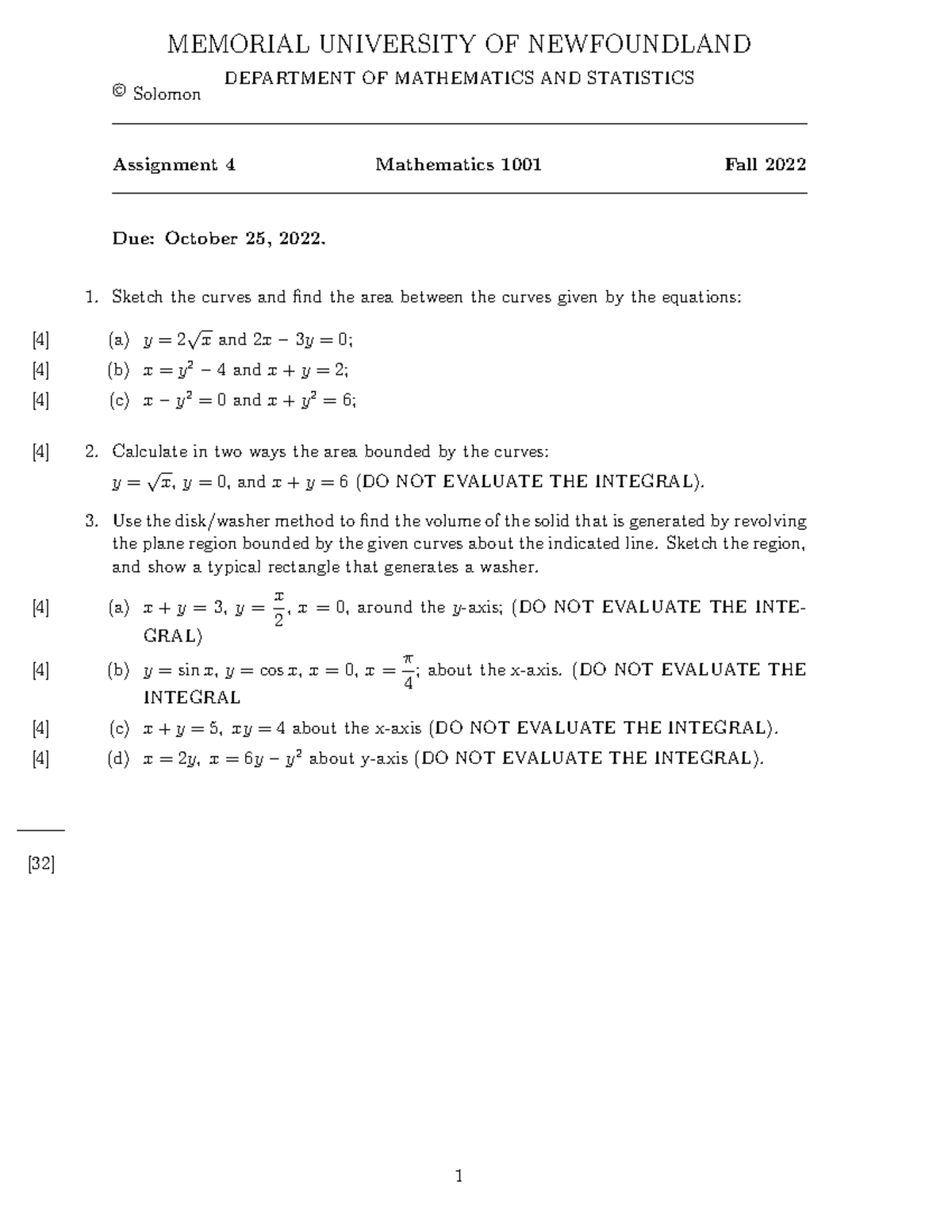 Assn4F22 - math assignment - © Solomon MEMORIAL UNIVERSITY OF ...