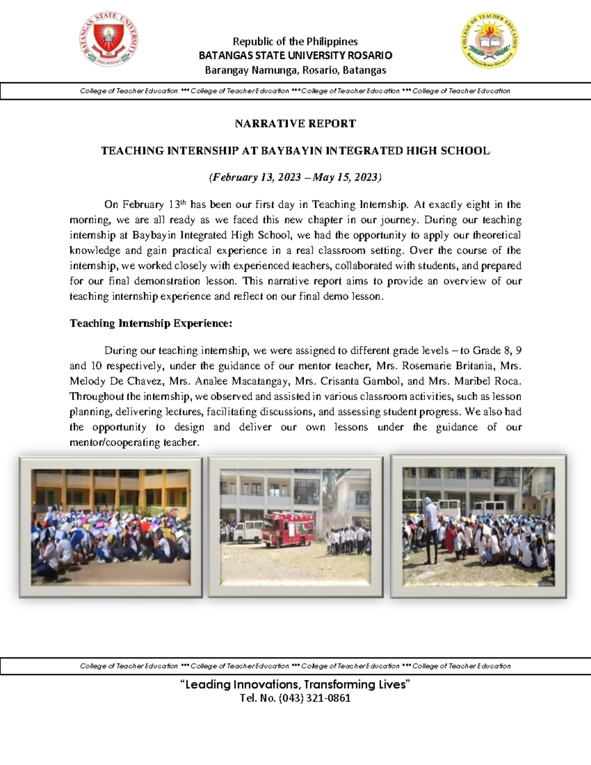 Narrative Report Teaching Internship PDF - BATANGAS STATE UNIVERSITY ...