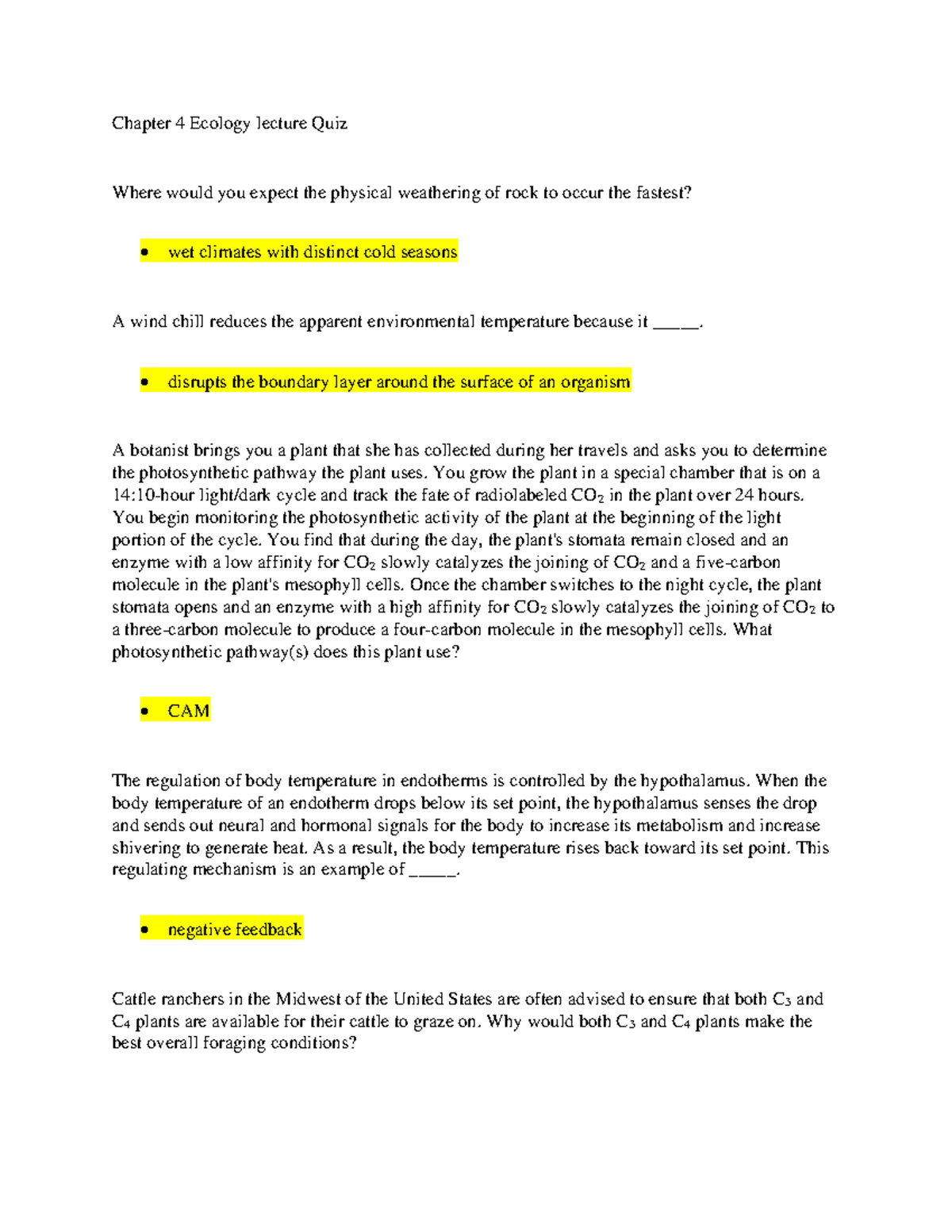 Chapter 4 Ecology lecture Quiz with answers - Chapter 4 Ecology lecture ...