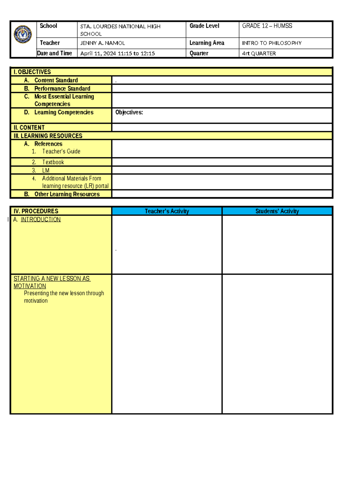 Final FOR Passing - RESUME - School STA. LOURDES NATIONAL HIGH SCHOOL ...