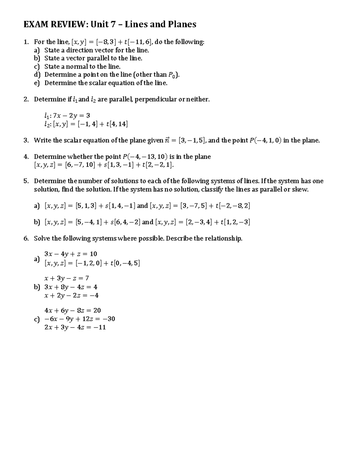EXAM Review Unit 7 Lines and Planes - EXAM REVIEW: Unit 7 – Lines and ...