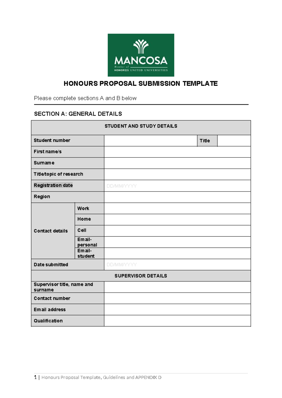 Honours Research Proposal Template 2024 - HONOURS PROPOSAL SUBMISSION ...