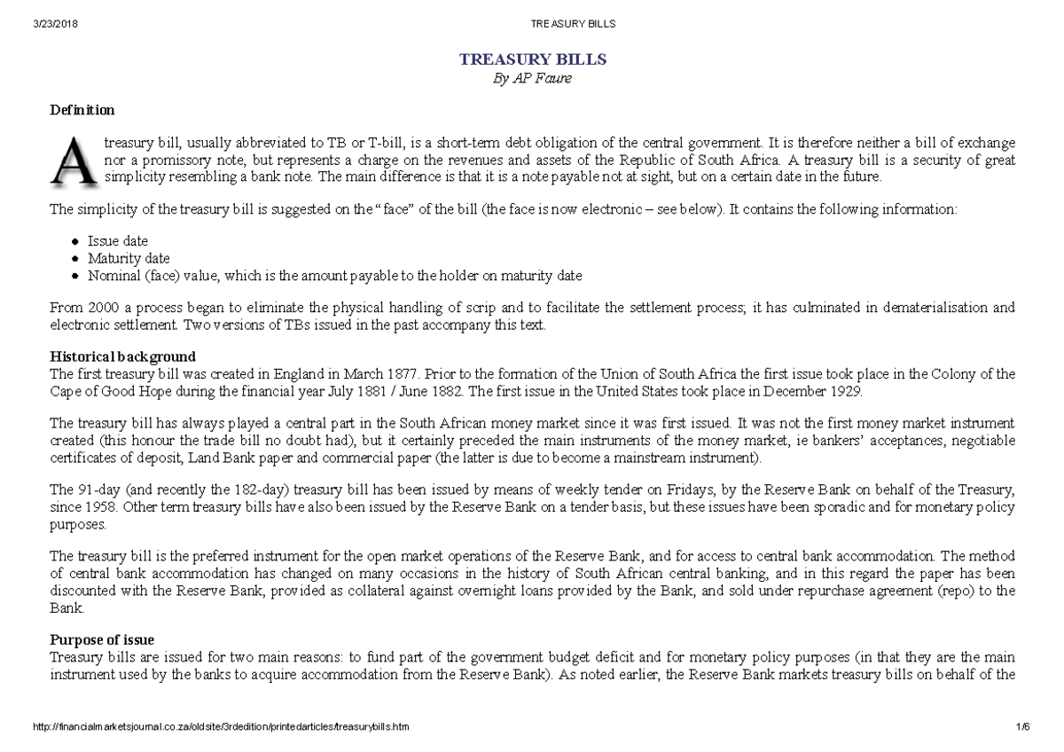 Treasury Bills - FIN2601 Lecture notes - TREASURY BILLS By AP Faure ...