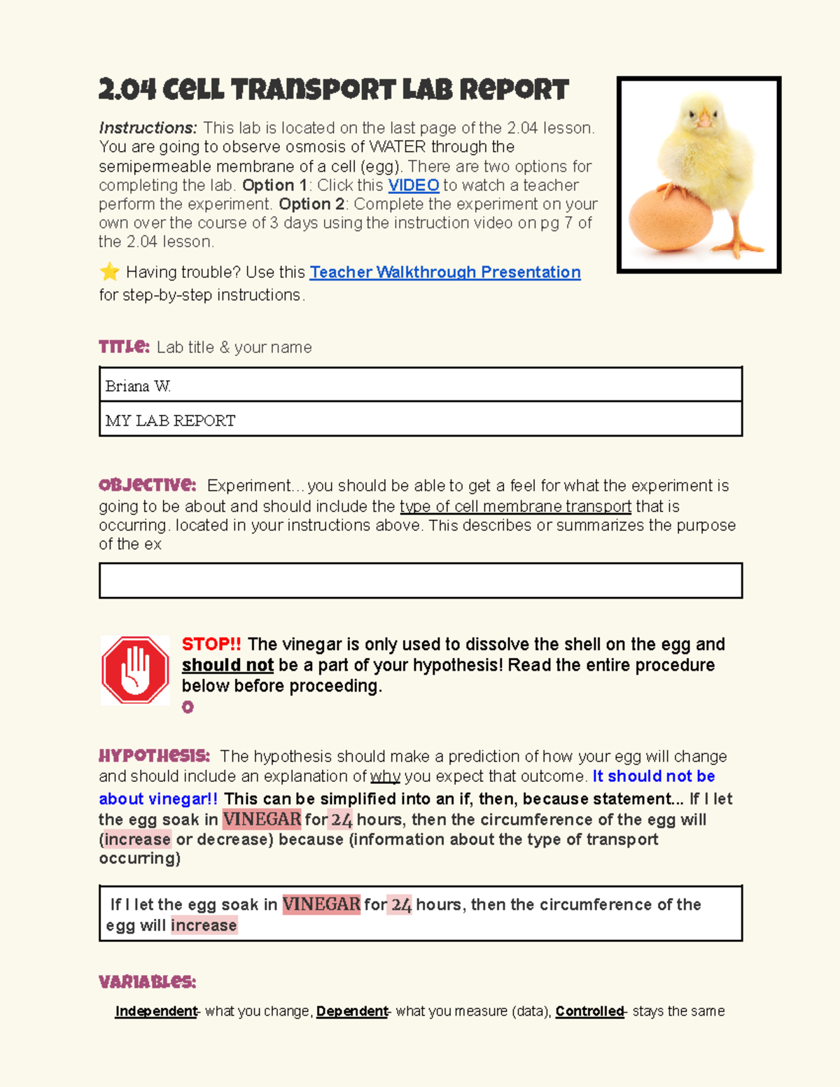 Copy of 2 04 Lab Report Template-v23 - 2 Cell Transport Lab Report Instructions: This lab is ...
