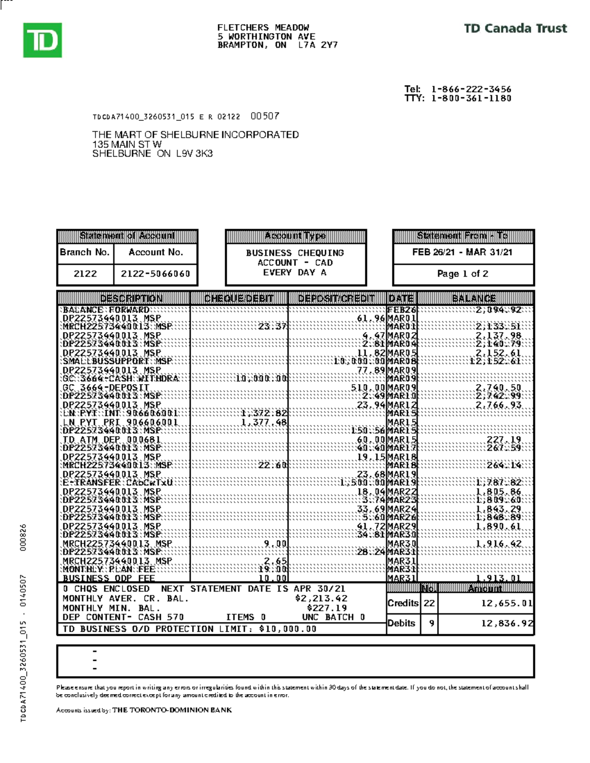 TD BANK Statement - | BRAMPTON,ONL7A2Y 5WORTHINGTONAVE FLETCHERSMEADOW ...