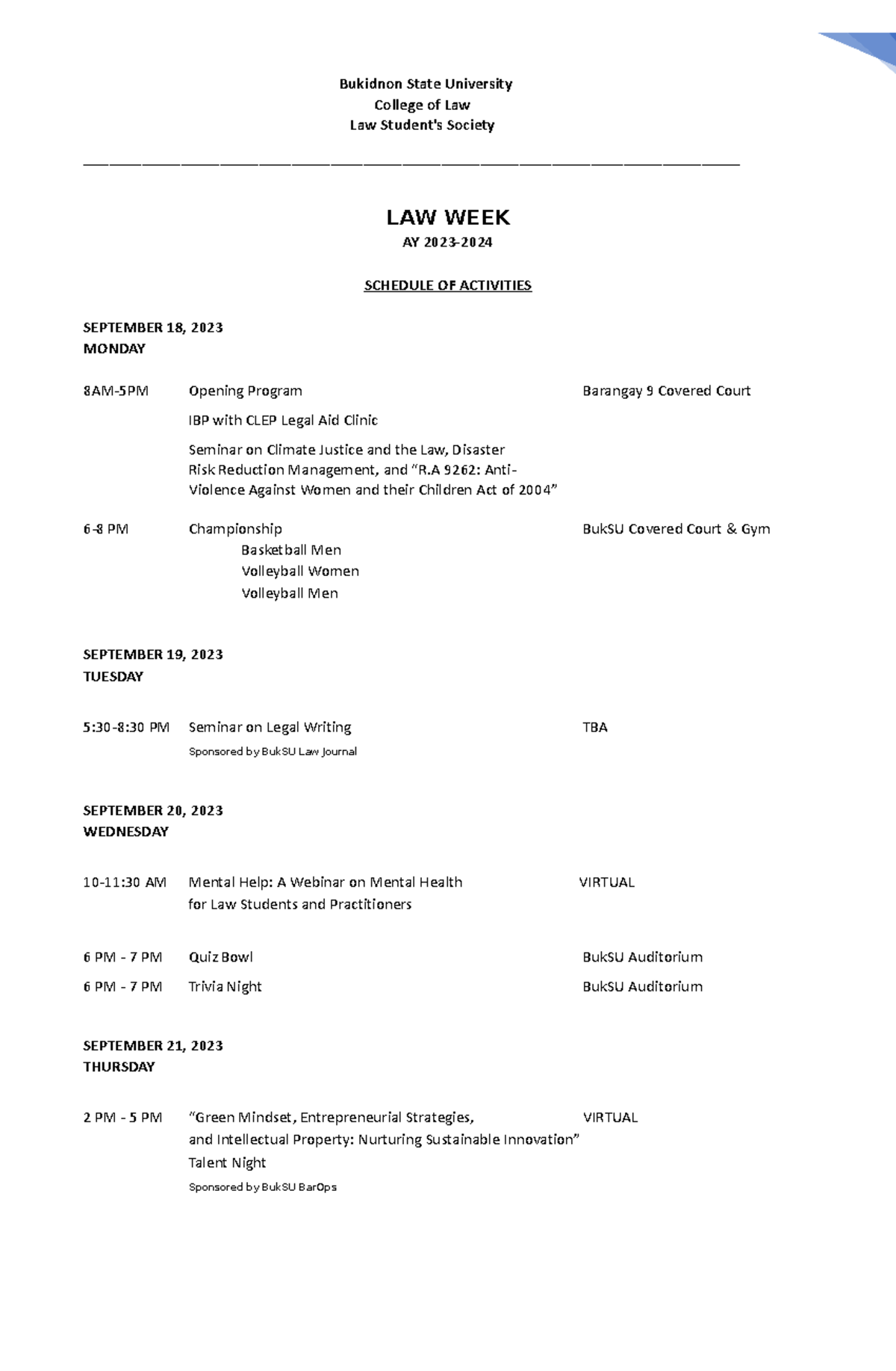 Law Week Activities and Point System - Bukidnon State University ...