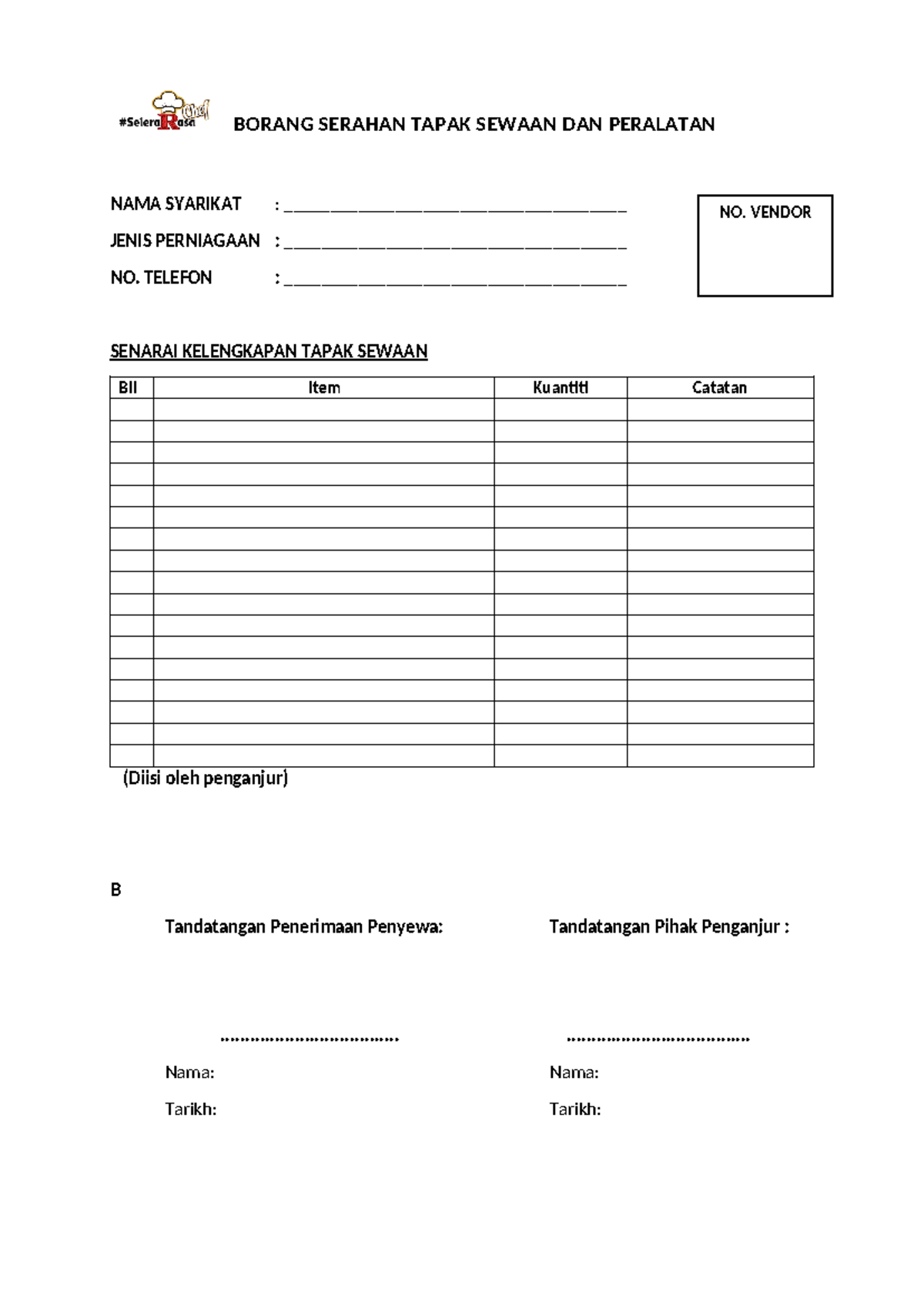 Borang Serahan Tapak Sewaan DAN Peralatan - BORANG SERAHAN TAPAK SEWAAN ...