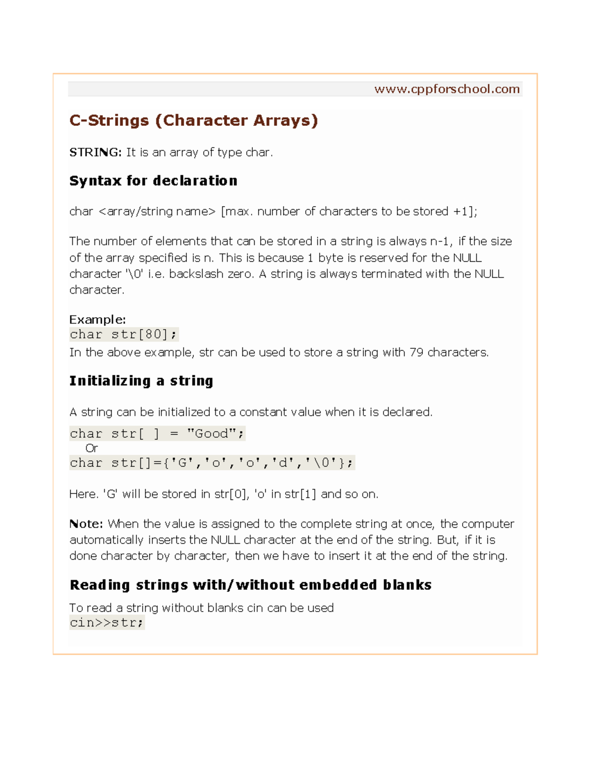 Chapter 14 C String Mr Ali Ahmed Cppforschool C Strings Character Arrays String It Is An