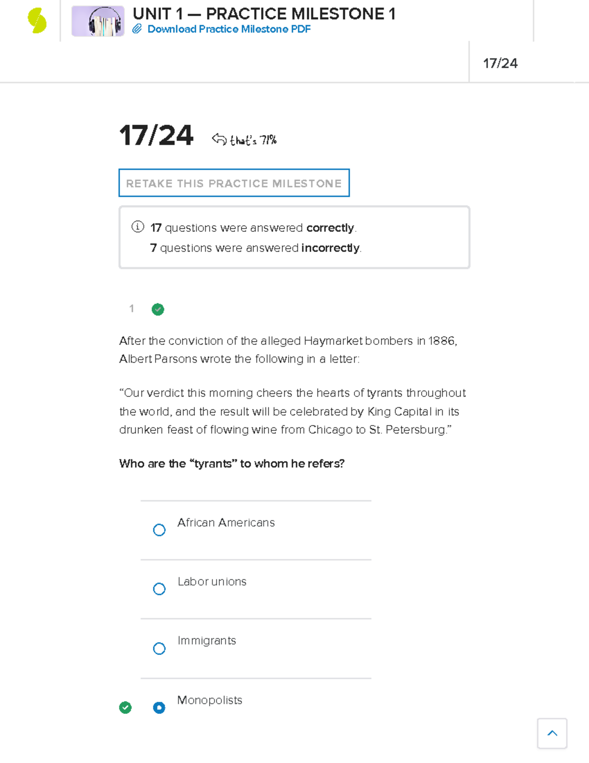 Chapter 1 Practice Milestone 1 - 1 17 / 24 that's 71% RETAKE THIS ...