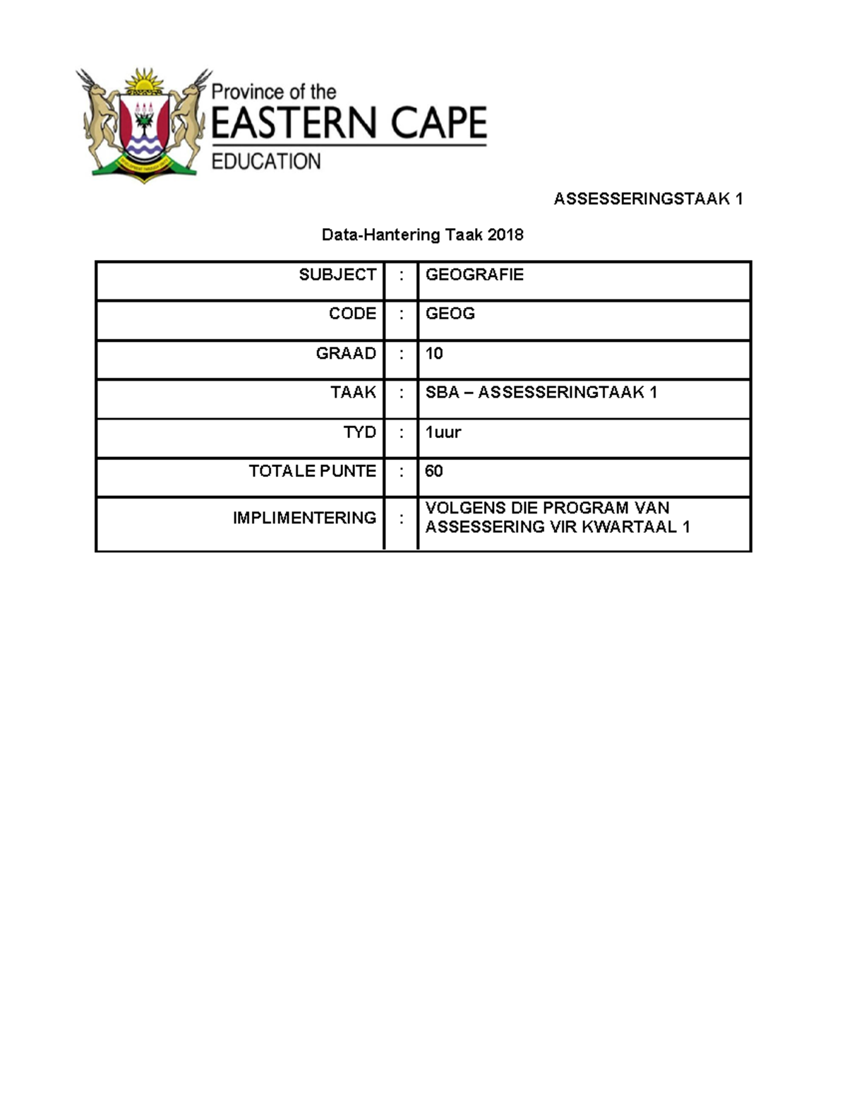 Graad 10 Data hantering - ASSESSERINGSTAAK 1 Data-Hantering Taak 2018 ...
