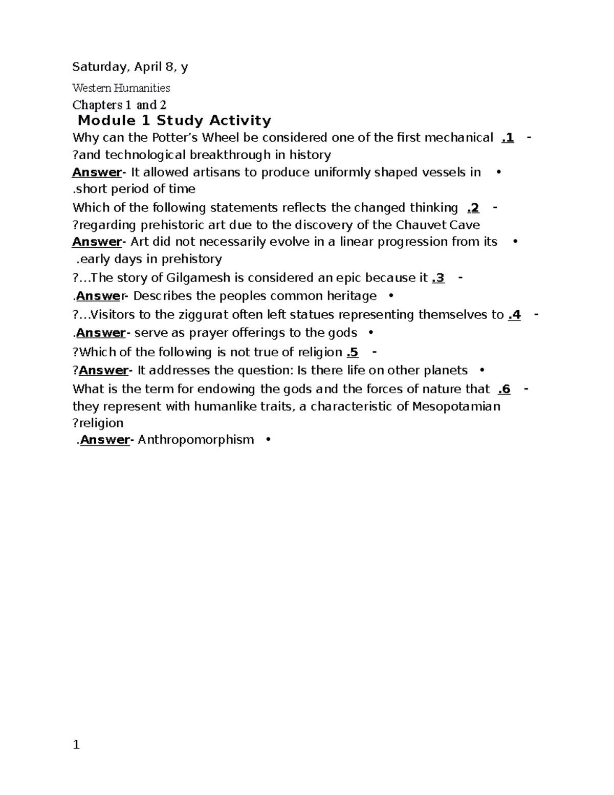 HUMmodule 1-Study Activity - Saturday, April 8, y Western Humanities ...