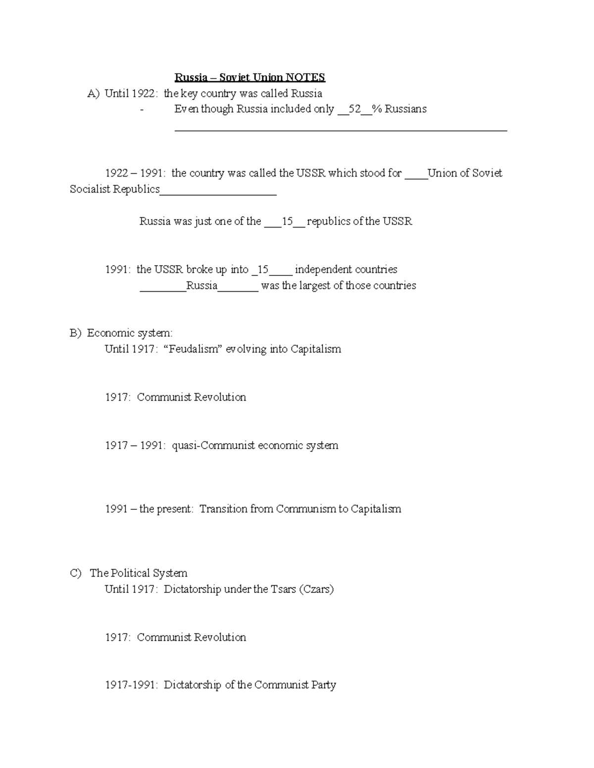 Russia – Soviet Union Notes - Russia – Soviet Union NOTES A) Until 1922 ...