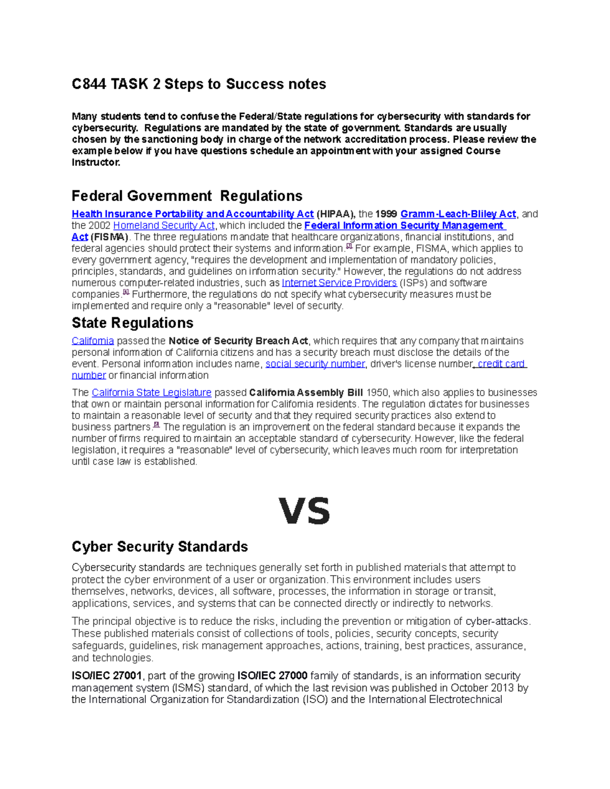 Regulations VS Standards - C844 TASK 2 Steps to Success notes Many ...